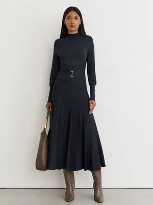 REISS Lydia Belted Pleated Knit Midi Dress