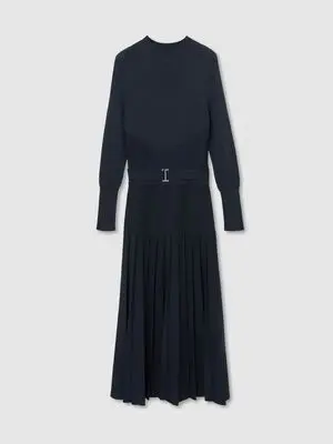REISS Lydia Belted Pleated Knit Midi Dress