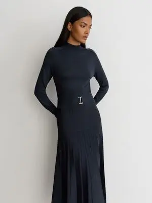 REISS Lydia Belted Pleated Knit Midi Dress