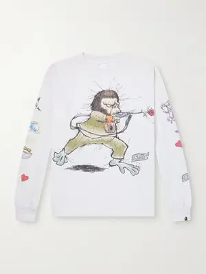 SAINT MXXXXXX Bape® Running Printed Distressed Cotton-jersey T-shirt - White