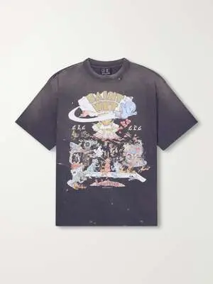 SAINT MXXXXXX Living Printed Distressed Cotton-jersey T-shirt - Black