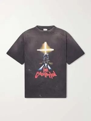 SAINT MXXXXXX Love Circulation Printed Distressed Cotton-jersey T-shirt - Black