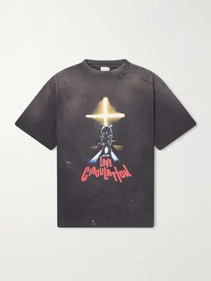 SAINT MXXXXXX Love Circulation Printed Distressed Cotton-jersey T-shirt - Black