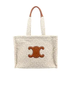 Celine Large Cabas Thais In Textile With Triomphe All-over - Natural/tan