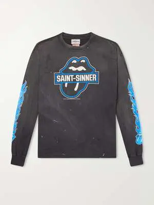 SAINT MXXXXXX The Rolling Stones Fire Printed Distressed Cotton-jersey T-shirt - Black