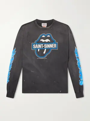 SAINT MXXXXXX The Rolling Stones Fire Printed Distressed Cotton-jersey T-shirt - Black