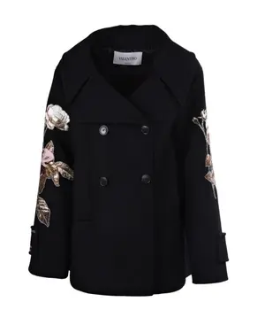 Valentino Garavani Floral Embroidered Patch Sleeve Coat - Black
