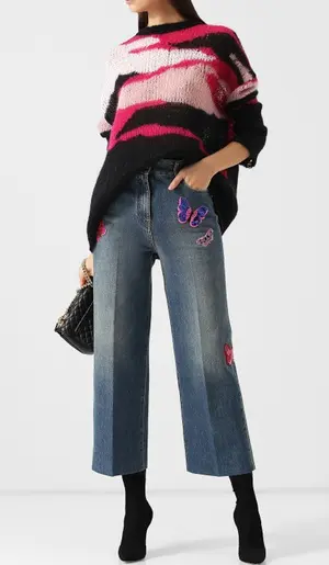 Valentino Garavani Blue Butterfly Beaded Embroidered Straight Cut Jeans - Gray