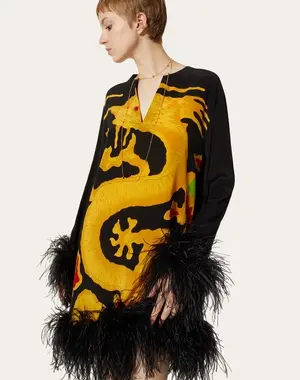 Valentino Garavani Dragon-print Feather-trim Silk Dress