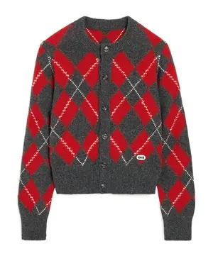 AMI Paris Argyle Printed Cardigan - Carbon Gray/ruby Red
