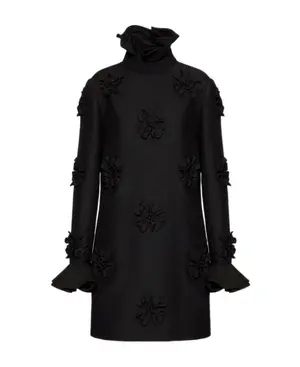Valentino Garavani Crepe Couture Short Flower Embroidery Dress - Black