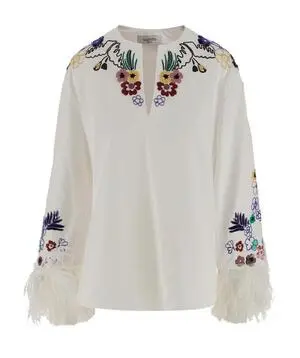 Valentino Garavani Embroidered-design Feather-trim Top - White