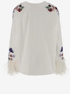 Valentino Garavani Embroidered-design Feather-trim Top