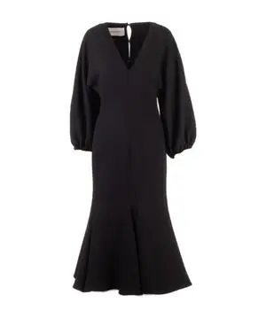 Valentino Garavani Gathered-sleeve V-neck Midi Dress - Black