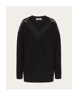 Valentino Garavani Lace-embellished V-neck Jumper - Black