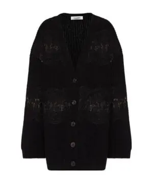 Valentino Garavani Lace-insert Wool Cardigan - Black