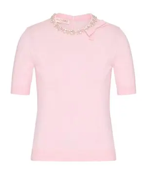 Valentino Garavani Embellished Fine-knit Crewneck T-shirt