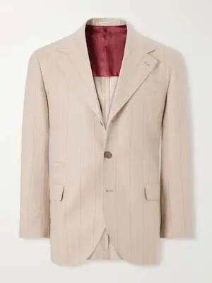 Brunello Cucinelli Pinstripe Wool, Silk And Cashmere-blend Suit Jacket - Camel