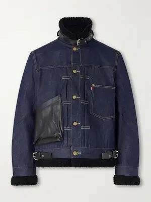 Sacai Levi's Plush And Leather-trimmed Denim Jacket - Blue