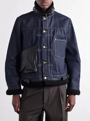 Sacai Levi's Plush And Leather-trimmed Denim Jacket - Blue