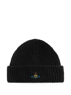 VIVIENNE WESTWOOD Sporty Embroidered Ribbed Beanie Hat - Black