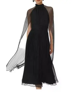 FRAMBOISE Belona Cape-detail Pleated Silk Midi Dress