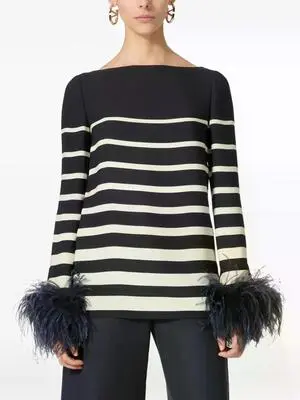 Valentino Garavani Striped Feather-trimmed Blouse