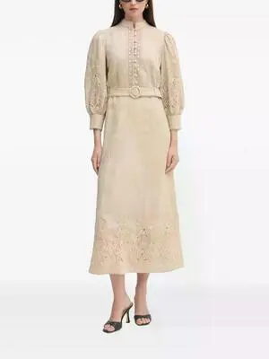 Luisa Spagnoli Provina Lace-trimmed Belted Midi Dress - Neutrals