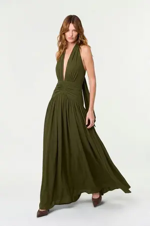 NICHOLAS Arella Deep Plunge Halter Maxi Dress - Olive