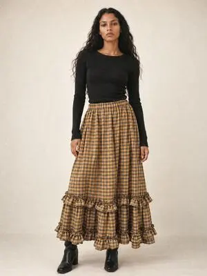 THE WELL WORN The Rosa Skirt Mustard Gingham - Brown