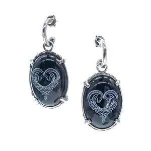 GEM KINGDOM Heart Intaglio Black Onyx Hoop Earrings - Black/silver