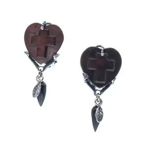 GEM KINGDOM Black Mother Of Pearl Heart & Cross Ear Clips - Black/silver