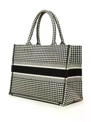 Dior 2019 Medium Canvas Houndstooth Embroidered Book Tote Bag - Black