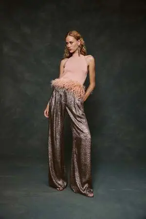 Ramy Brook Oscar Printed Metallic Pleated Wide Leg Pant