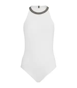 Brunello Cucinelli Precious Monili Halterneck Swimsuit - White