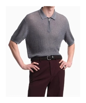 Emporio Armani Polo Collar Sweater In Wool And Lyocell Blend With Patterned Knit