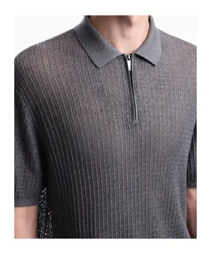 Emporio Armani Polo Collar Sweater In Wool And Lyocell Blend With Patterned Knit