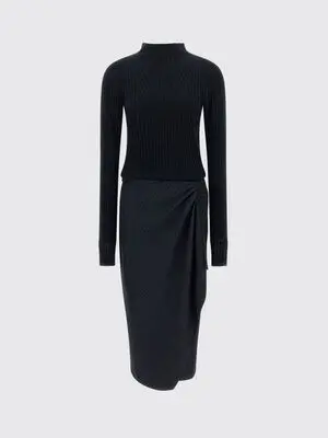 Pinko Pinstriped Knit Midi Dress With High Neck And Ruched Waist
