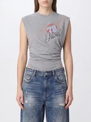 DIESEL® Sleeveless Draped Cotton Bodysuit With Graphic Print