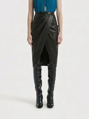 Balmain Draped Asymmetric Lambskin Leather Midi Skirt