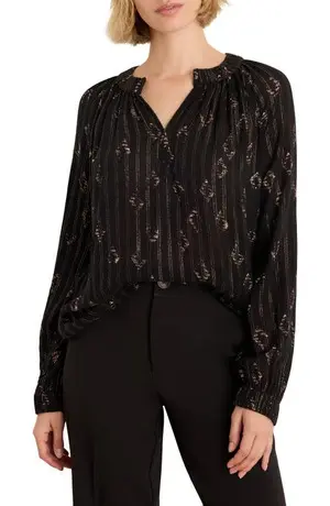 NIC+ZOE Jacquard Stripe Diamond Lurex Peasant Top - Black Multi