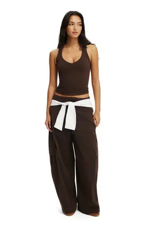 Cotton:on Active Ultra Soft Plunge Front Racer Tank - French Roast