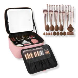 COSMOGLO Makeup Case With Brush & Sponge Set - Pink