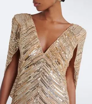 Jenny Packham Fiore Sequined Caped Gown