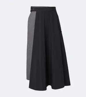 Sacai Paneled Taffeta And Wool Flannel Midi Skirt - Black