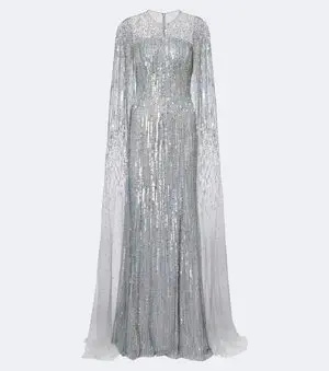 Jenny Packham Cosmic Dust Embellished Caped Gown - Silver