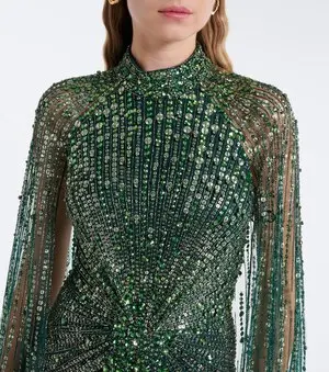 Jenny Packham Cairo Embellished Gathered Caped Gown