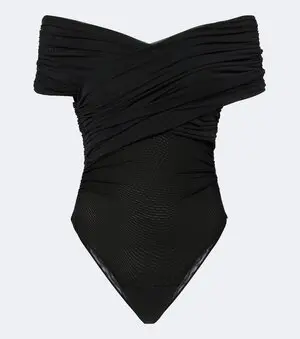 SIR. Off-shoulder Ruched Mesh Bodysuit - Black