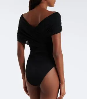 SIR. Off-shoulder Ruched Mesh Bodysuit