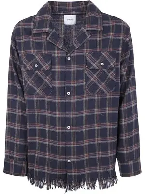 FOUND Shirt Raw-cut Fringe Plaid "raw Cut Fringe Plaid Camp - Blue